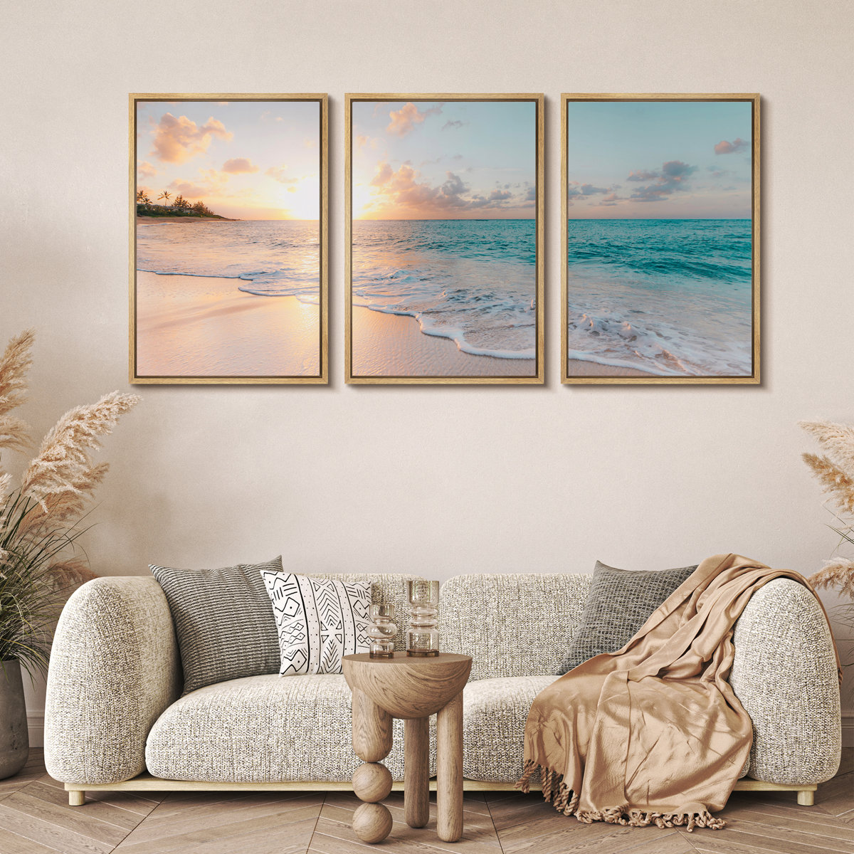 IDEA4WALL Aesthetic Sunset on Teal Ocean Coastal Beach Shore Framed Canvas 3 Pieces Print ...